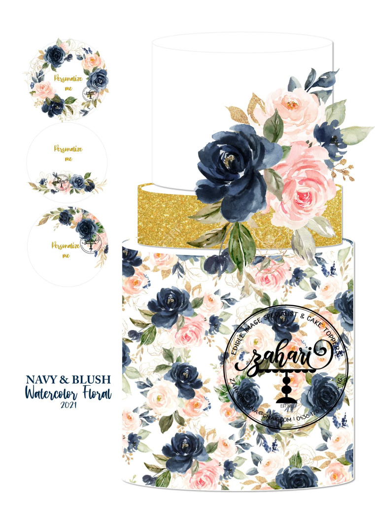 Navy & Blush Floral Watercolour on A3 icing or icing toppers for ...