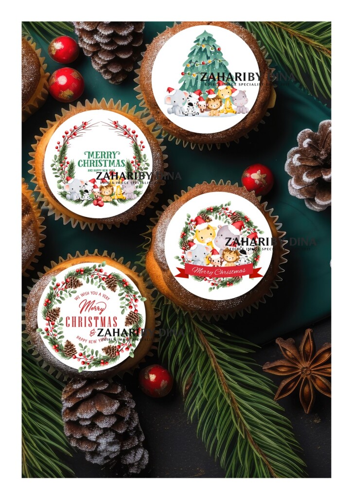Safari Animals 2024 Christmas precut round icing toppers for cookies or ...