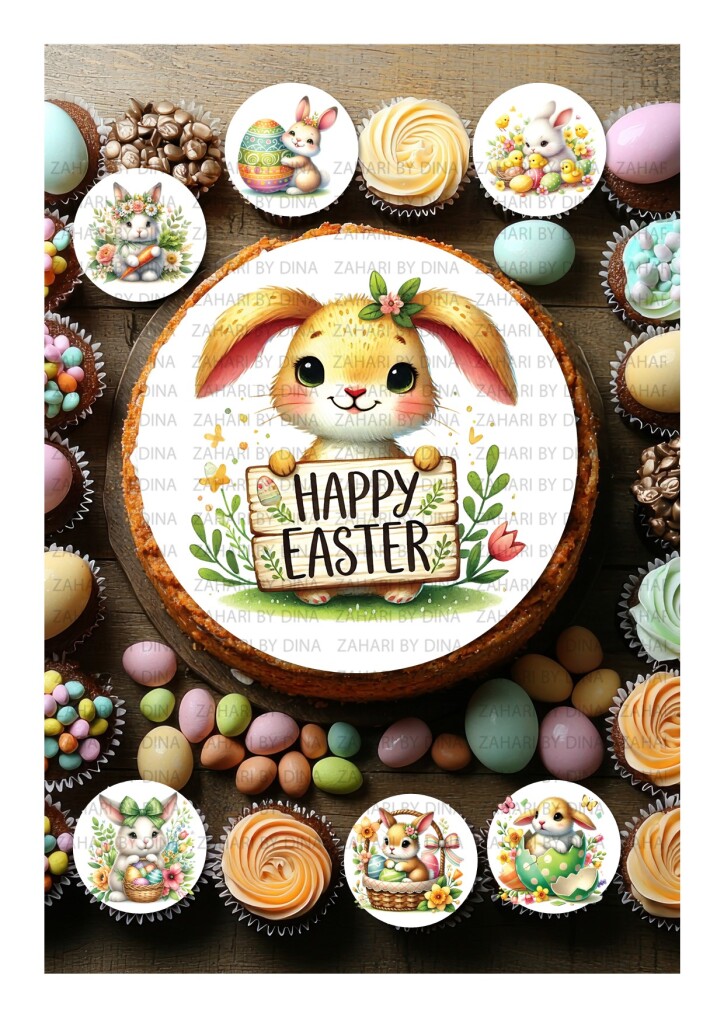 Floppy Bunny Happy Easter Feb25 precut 6″ round edible or precut icing ...